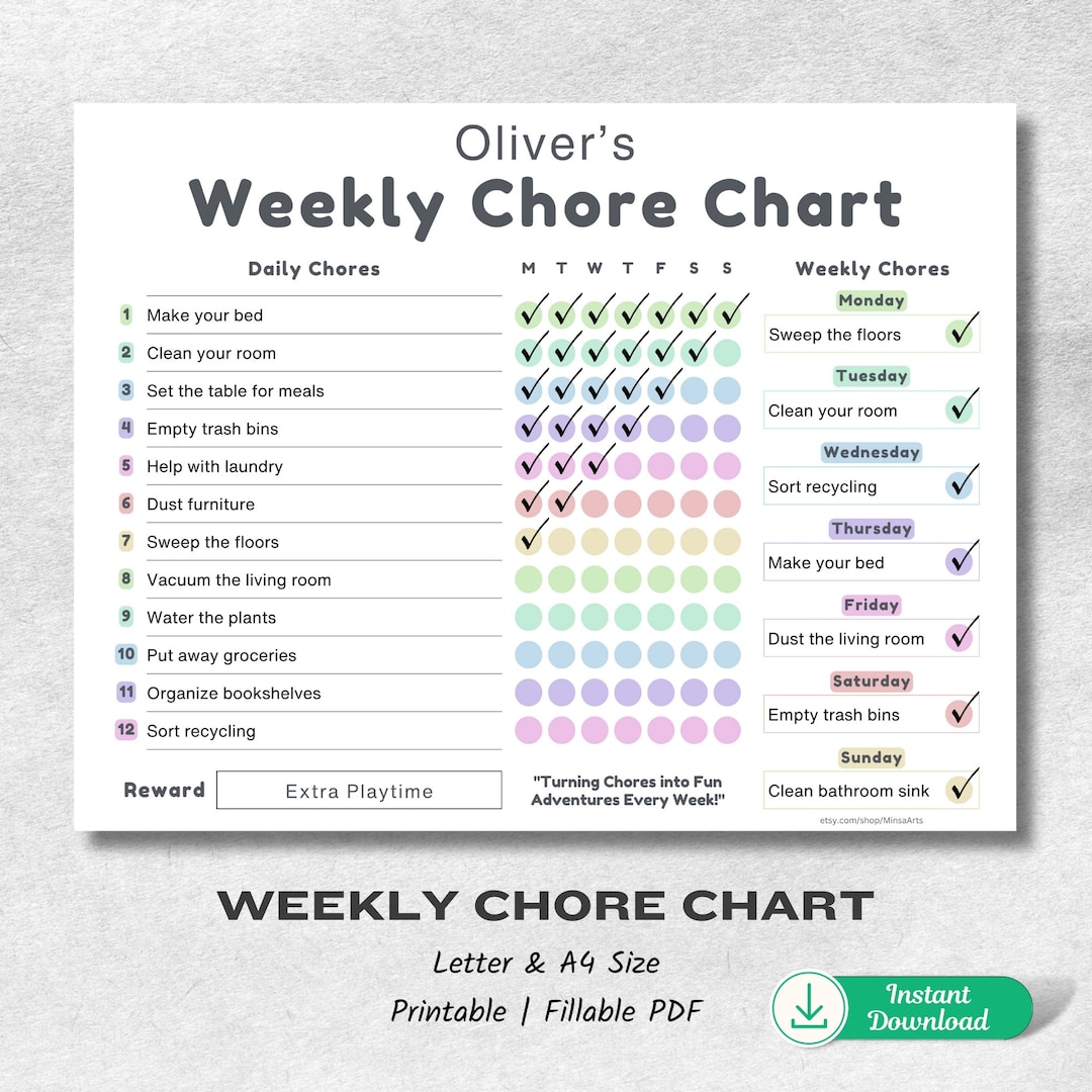 Kids Weekly Chore Chart, Printable Kids Daily Routine, Boost Kids ...