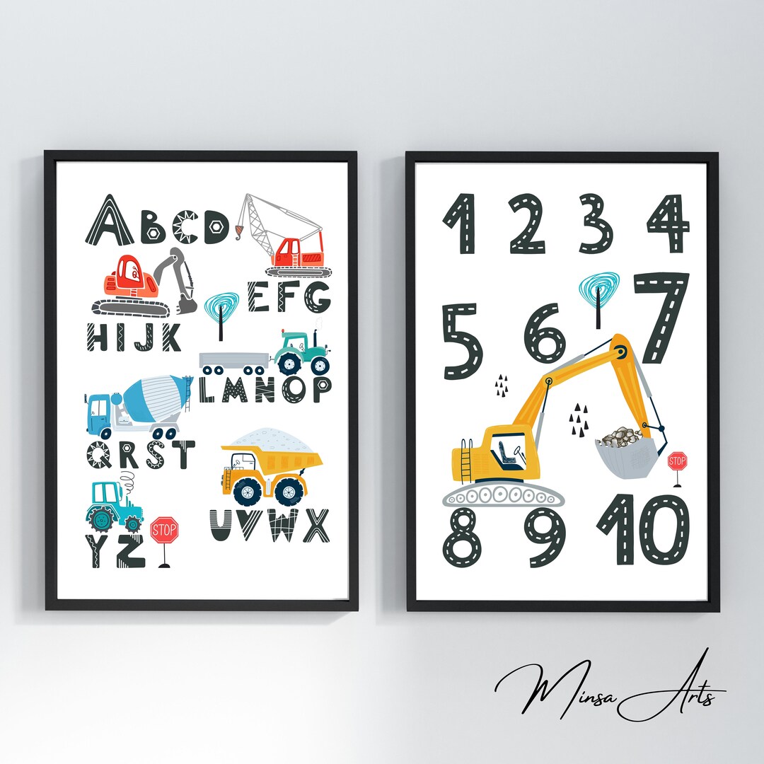 Construction Vehicle Alphabet & Numbers Print, Set of 6 Transportation ...