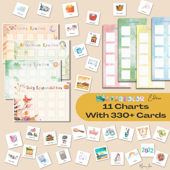 Bedtime Routine Chart and Cards Watercolor Toddler Daily | Etsy