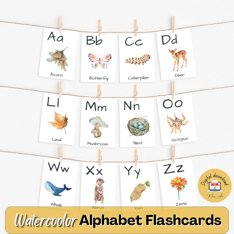 Watercolor Nature Abc Cards Printable Alphabet Flashcards for - Etsy