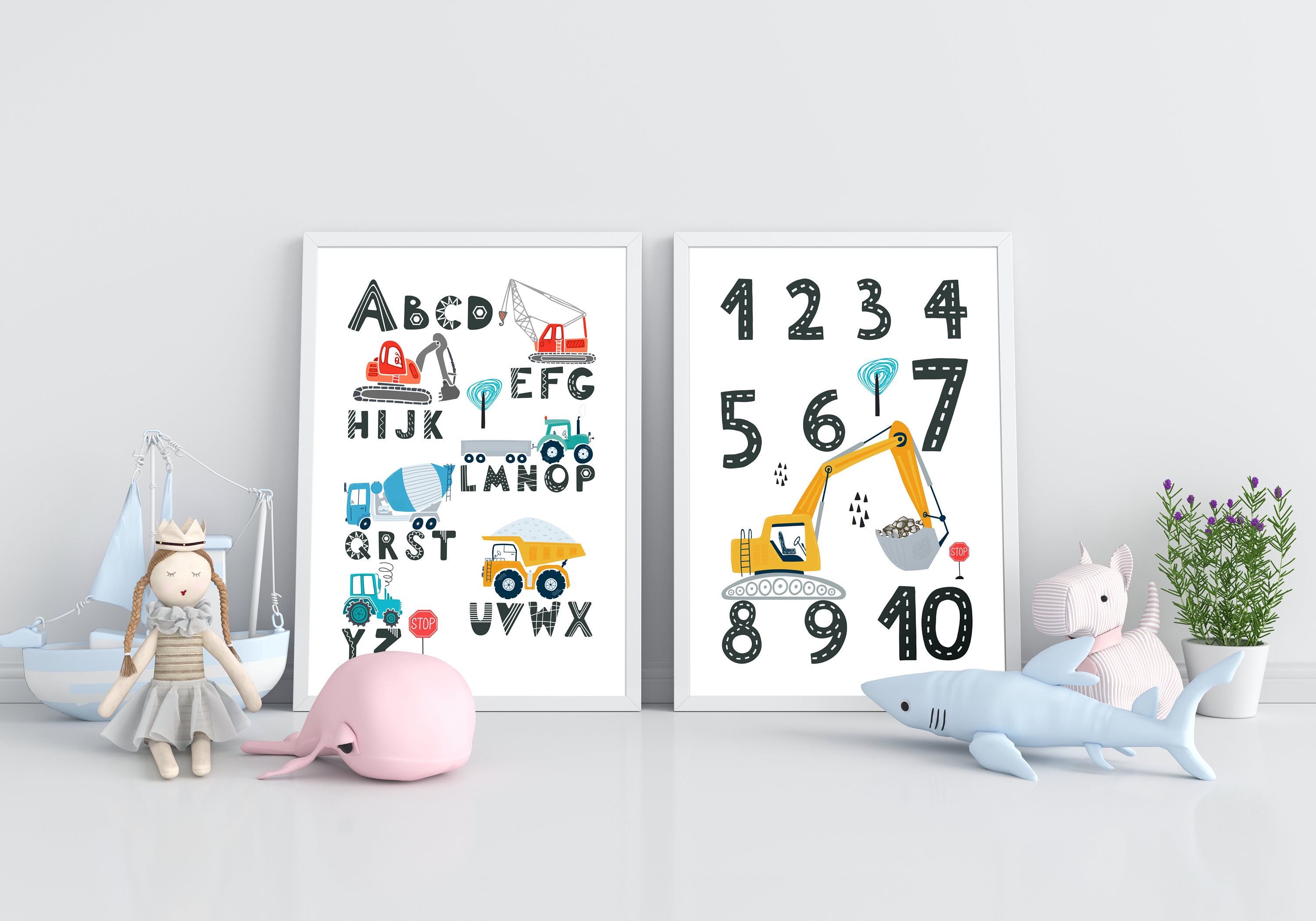 Construction Vehicle Alphabet & Numbers Print Set of 6 | Etsy
