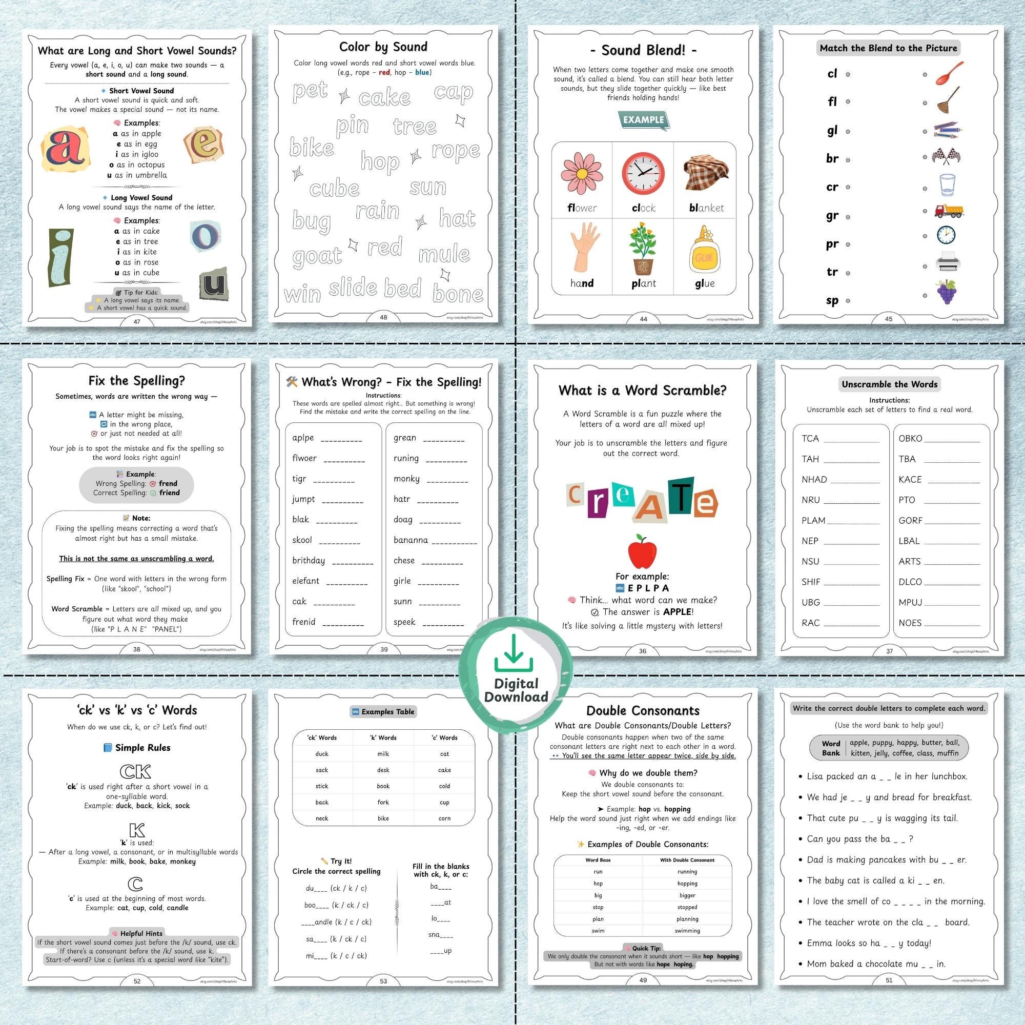 Printable Spelling Workbook for Kids | Vowels Consonants, Sight Words ...