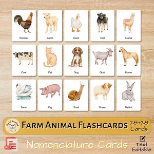 Farm Animal Watercolor Flashcards Nomenclature PRINTABLE Text Editable ...