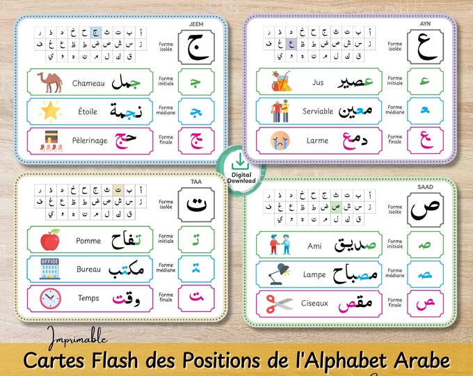 Arabic Alphabet Flash Cards: Letters & Positions - Homeschool (PDF) - Etsy