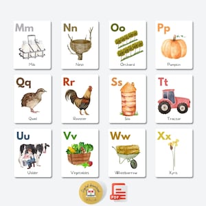 ABC of Farm Alphabet Flashcards Watercolor PRINTABLE Montessori Cards ...