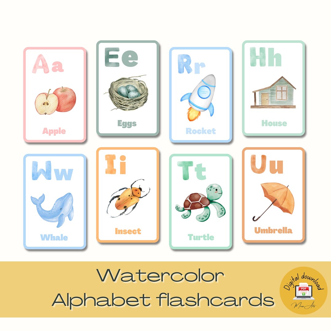 Watercolor Alphabet Flashcards, ABC Montessori Cards, Homeschool ...