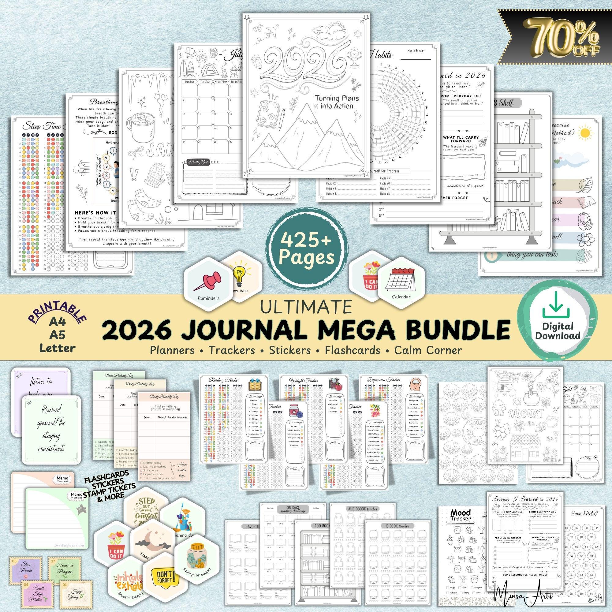 2026 Journal Planner Bundle, Printable Bullet Journal, Habit Mood ...