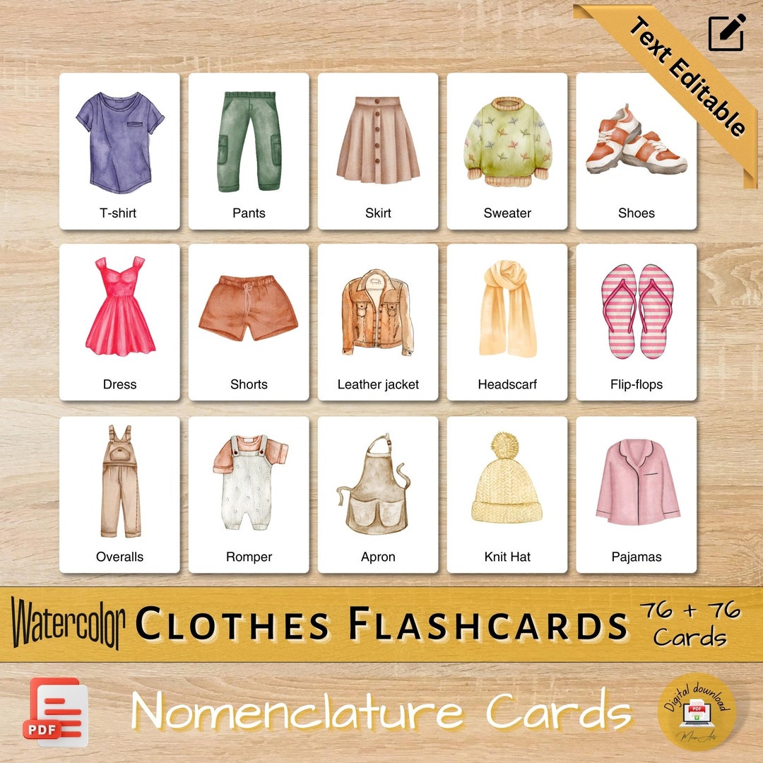 Clothes Watercolor Flashcards Nomenclature PRINTABLE Text Editable ...