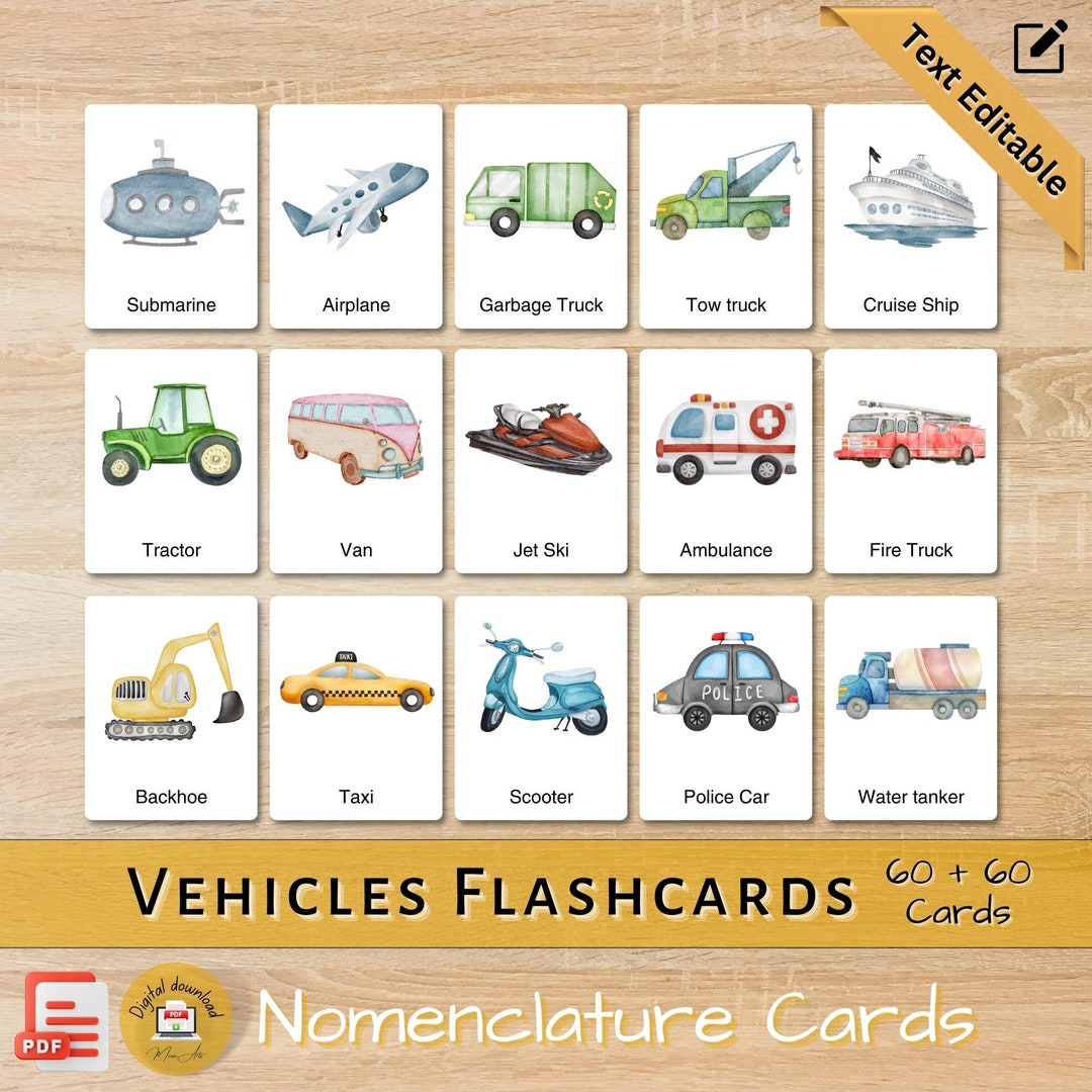 Vehicles Watercolor Flashcards Nomenclature PRINTABLE Text Editable ...