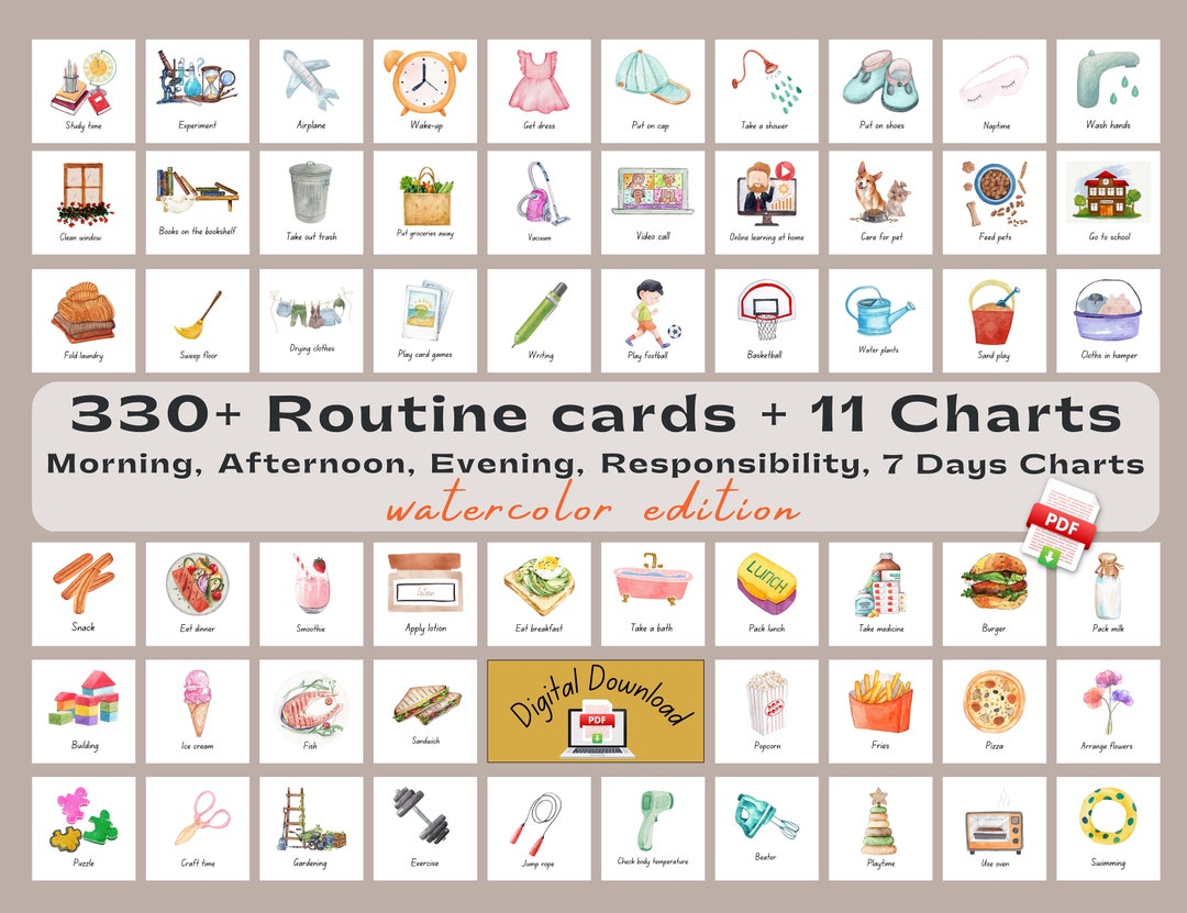 Bedtime Routine Chart and Cards Watercolor Toddler Daily Routine Chart ...