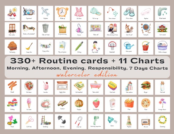 Bedtime Routine Chart and Cards Watercolor Toddler Daily - Etsy