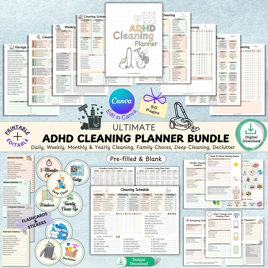 ADHD Cleaning Planner Bundle | Cleaning Schedule, Weekly & Monthly ...