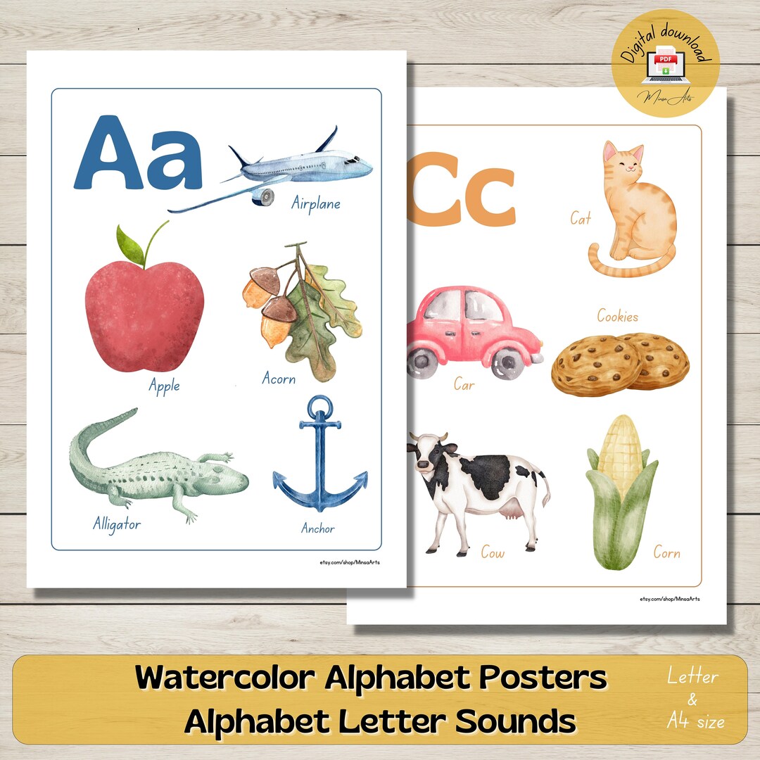 Watercolor Alphabet Poster Classroom ABC Poster Preschool Letter Sounds ...