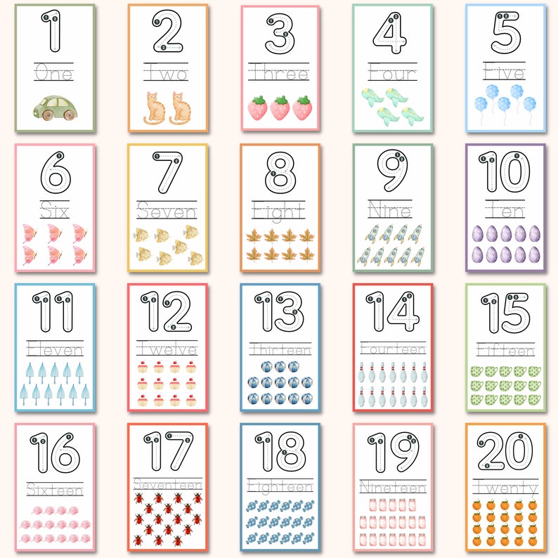 Numbers Flashcards 1-20 With Tracing Preschool Counting - Etsy
