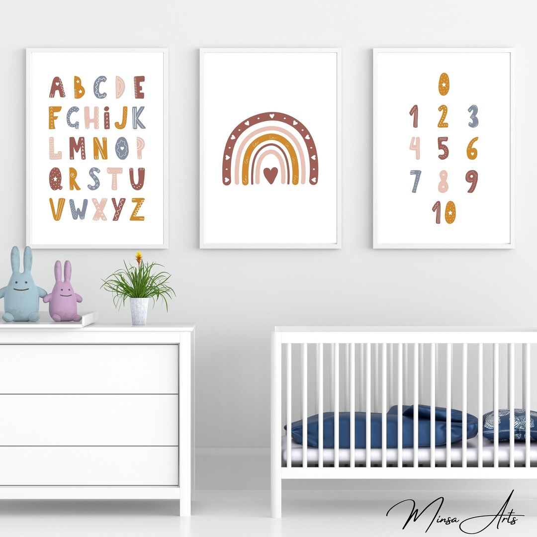 Printable Rainbow Alphabet Numbers Wall Art for Kids, Boho Kids Room ...