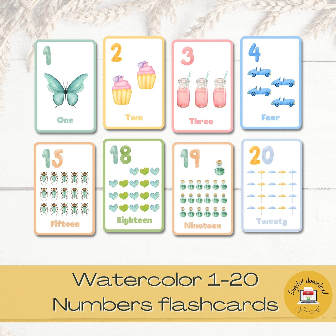 Watercolor 1-20 Numbers Flashcards Preschool Math Homeschool Counting ...