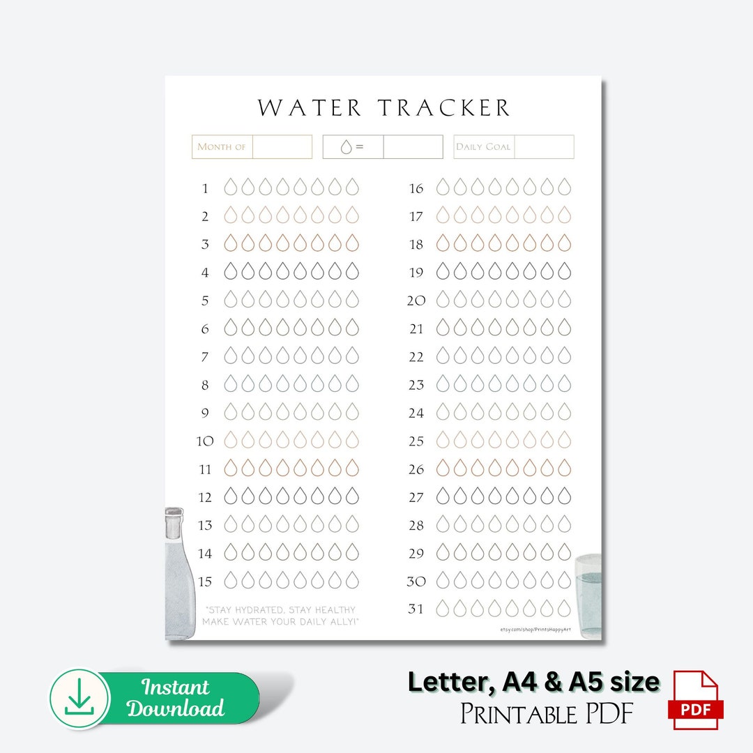 Printable Water Tracker: Daily Hydration Goal Planner (PDF) - Etsy