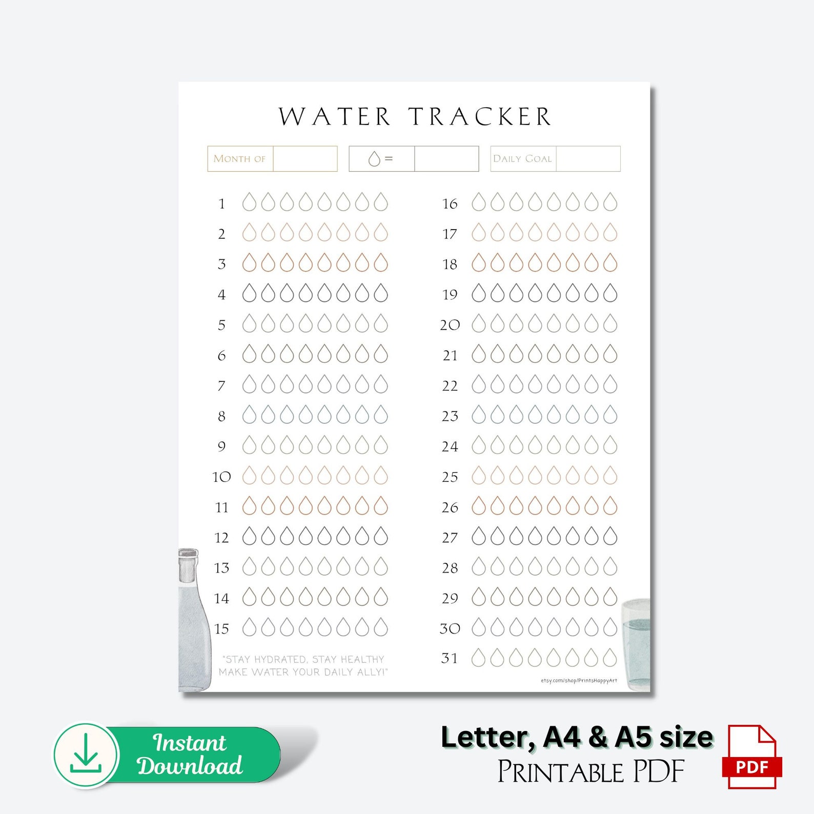 Printable Water Tracker: Daily Hydration Goal Planner (PDF) - Etsy
