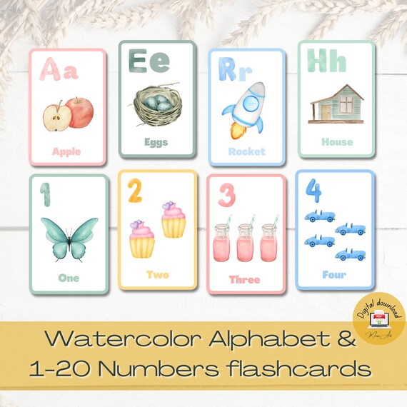 Watercolor Alphabet and 1-20 Numbers Flashcards ABC - Etsy