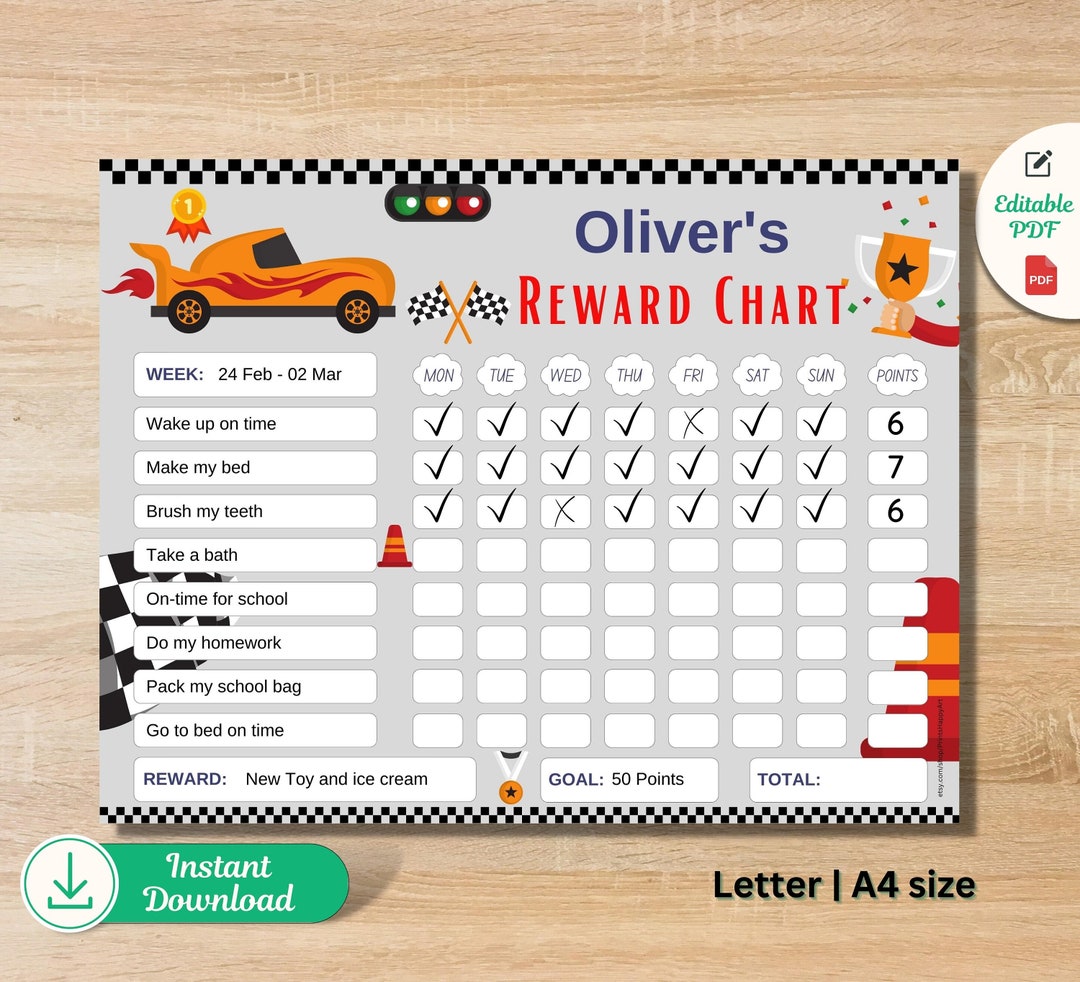 Racing Reward Chart PRINTABLE Behavior Chart Personalize Boys Chore ...