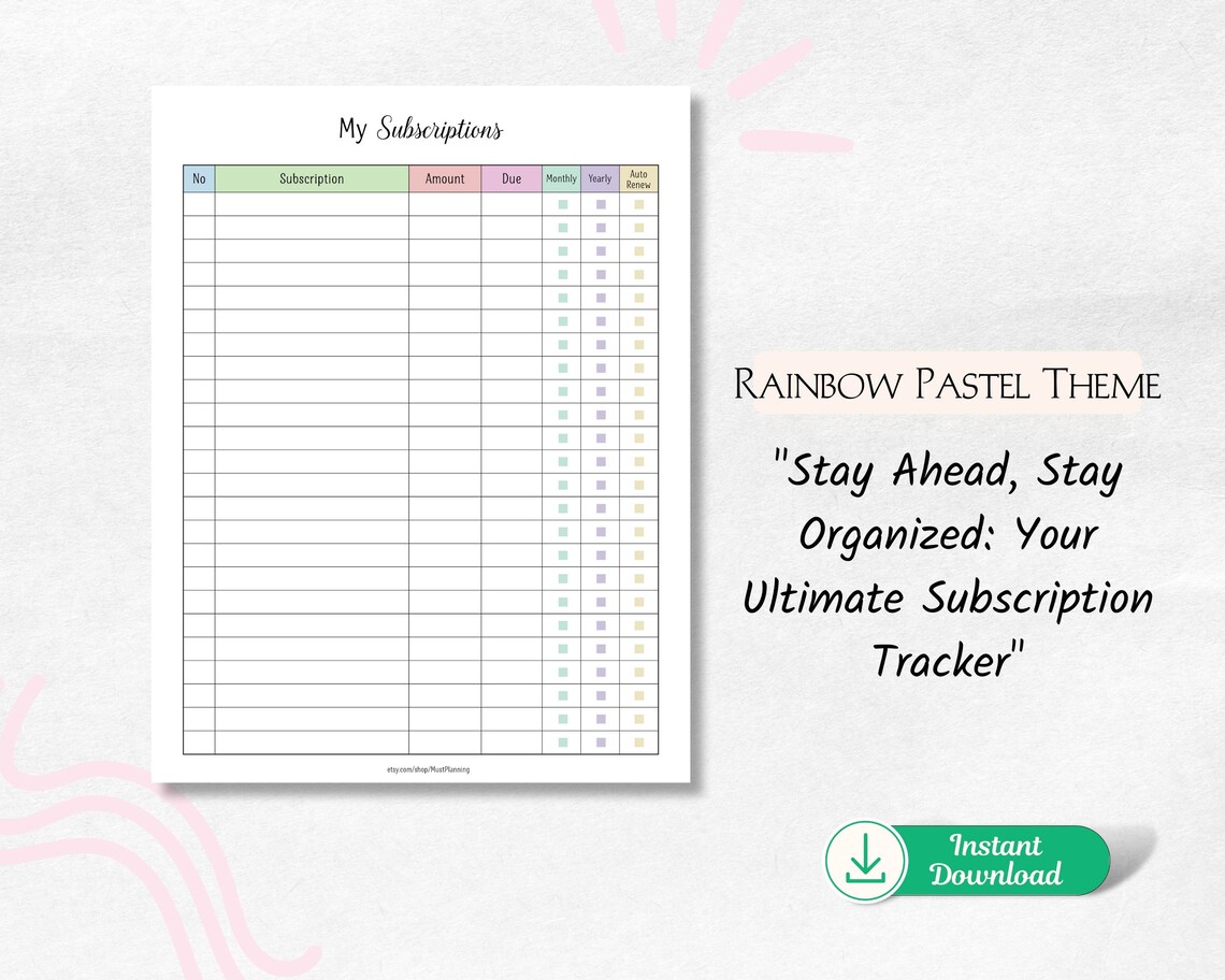 Printable Subscription Tracker, Rainbow Pastel, Letter A4 A5 (PDF) - Etsy