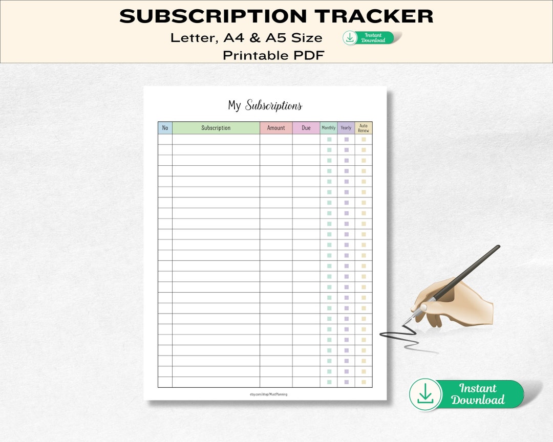 Printable Subscription Tracker, Never Miss a Payment/membership Again ...
