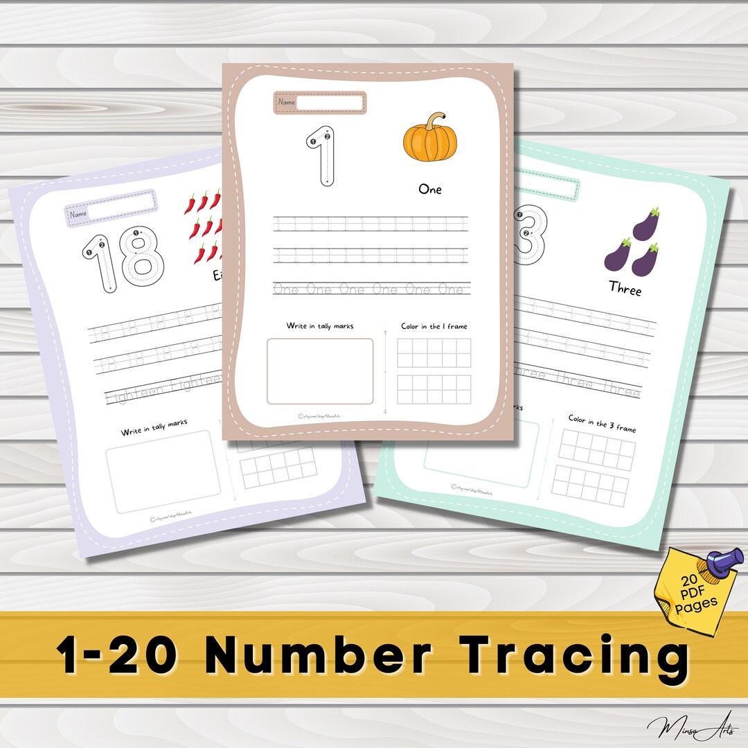 Number Tracing Worksheets 1-20 Printable Counting Practice Trace Guide ...