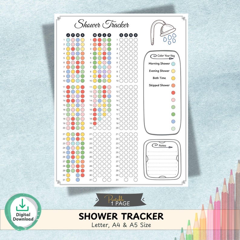 Shower Tracker Printable | Daily Bath Log | Journal Planner Page | A4 ...