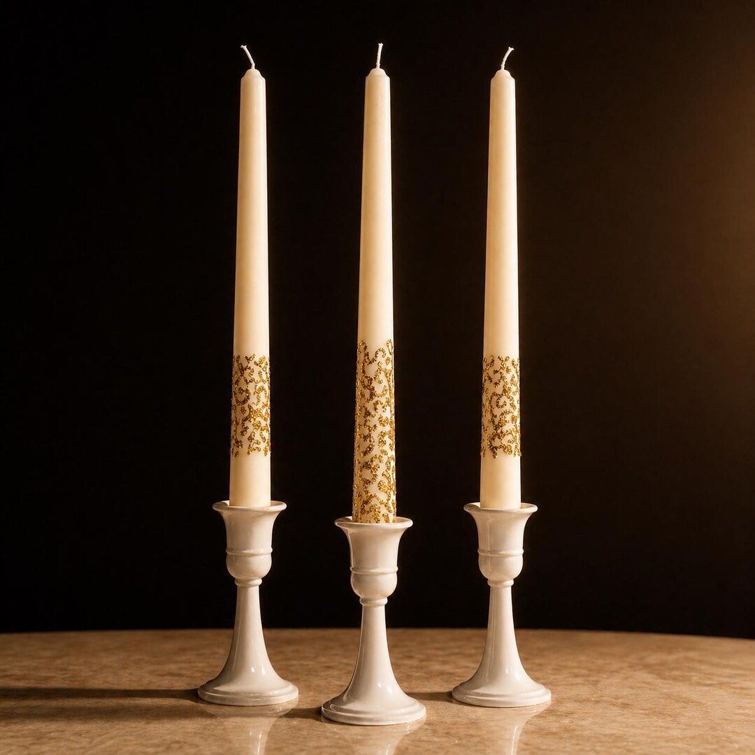 Hand Painted Gold Taper Candles Set of 3/6, White Dinner Candles ...