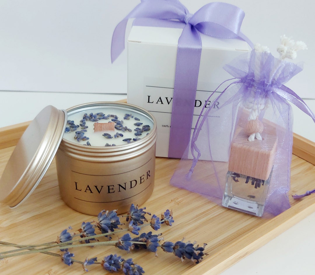 Lavender Gift Box Candle and Car Diffuser, Lavender Soy Candle Stress ...
