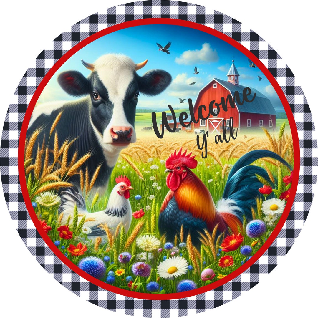Cow and Roosters Barn Sign, Welcome Yall Cow Wreath Sign, Farm Animal ...