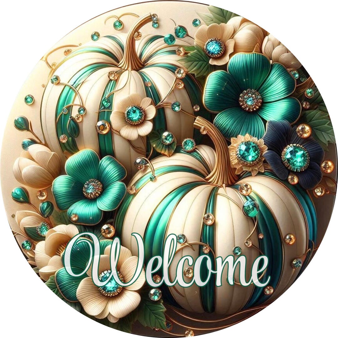 Jeweled Pumpkins With Green Flowers Wreath Sign, Festive Wall Art ...