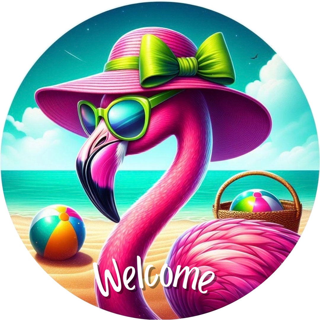 Flamingo on the Beach Tropical Paradise Summer Wreath Sign, Welcome ...
