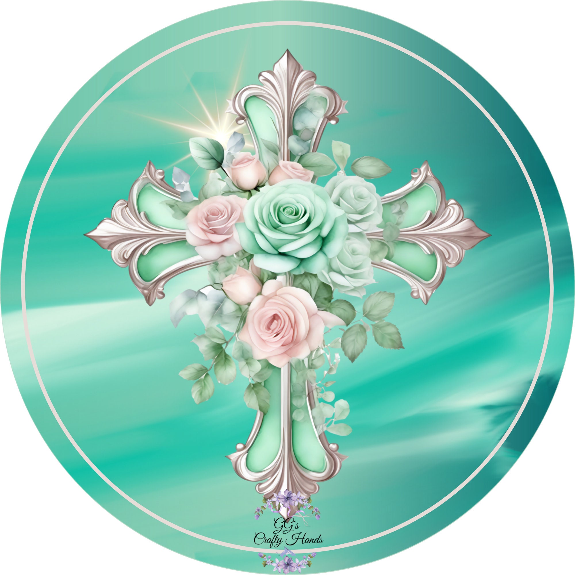 Cross With Pink Roses, Teal Cross With Flowers Wreath Sign, Sublimation ...
