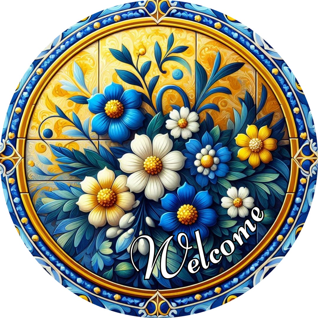Summer Welcome Sign With Blue and Yellow Flowers on Spanish Tiles, Door ...