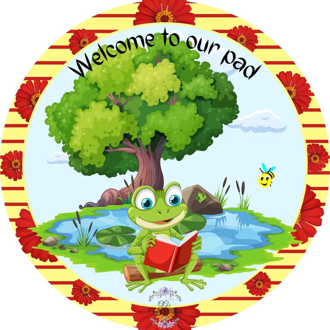 Cute Frog Reading Book Sign, Spring and Summer Wreath Sign, Welcome to ...
