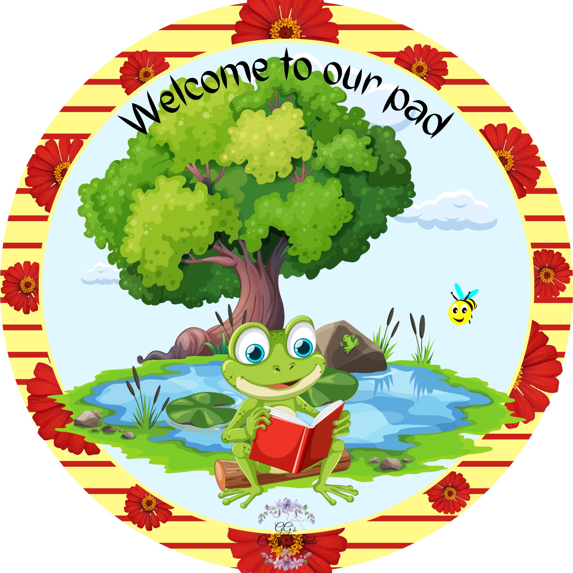 Cute Frog Reading Book Sign, Spring and Summer Wreath Sign, Welcome to ...