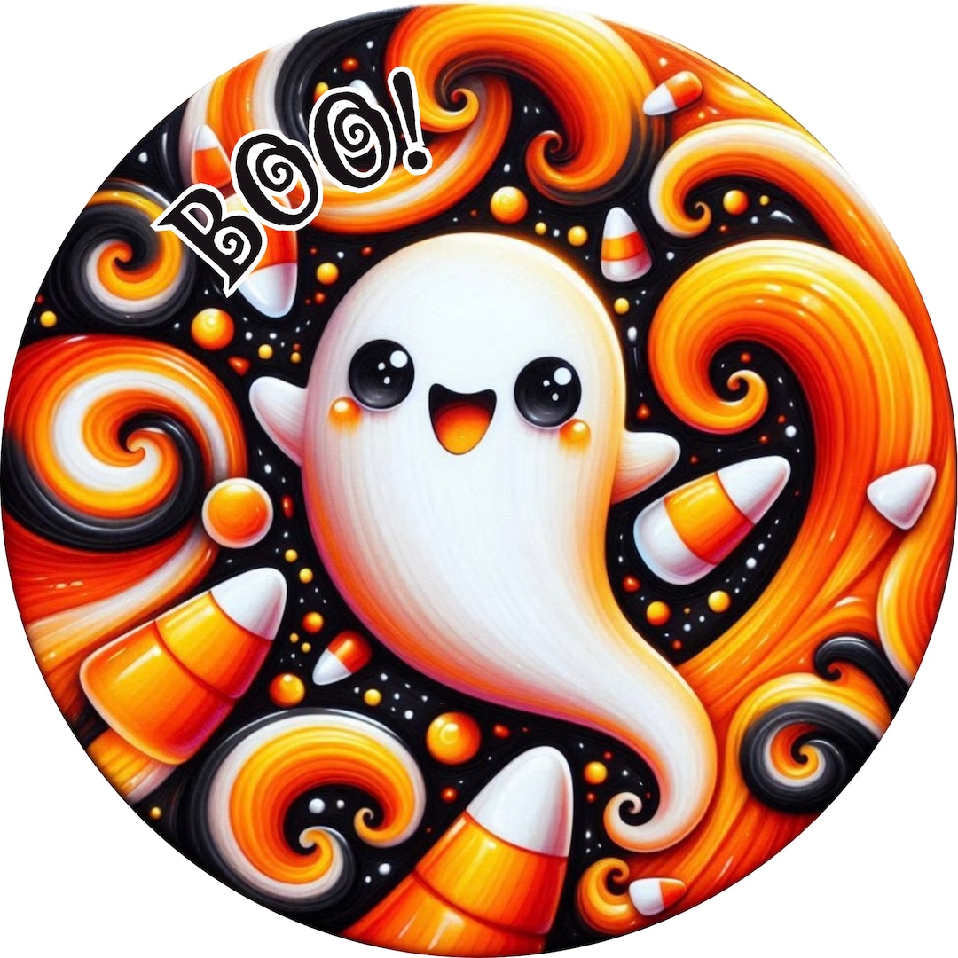 Whimsical Halloween Ghost With Swirling Colors and Candy Corn Sign ...