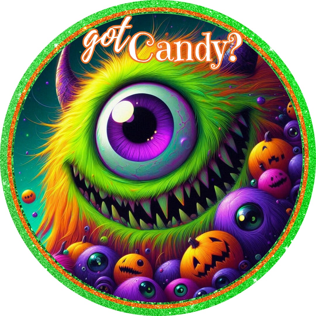 Furry Monsters Halloween Wreath Sign, Green Orange Halloween Door Decor ...