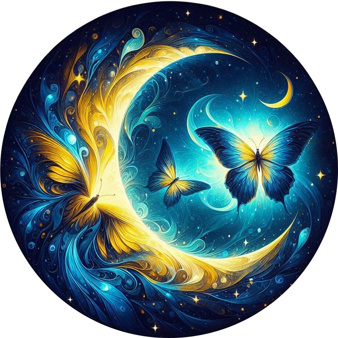 Mystical Crescent Moon Butterfly Wreath Sign, Blue Butterfly Door Decor ...