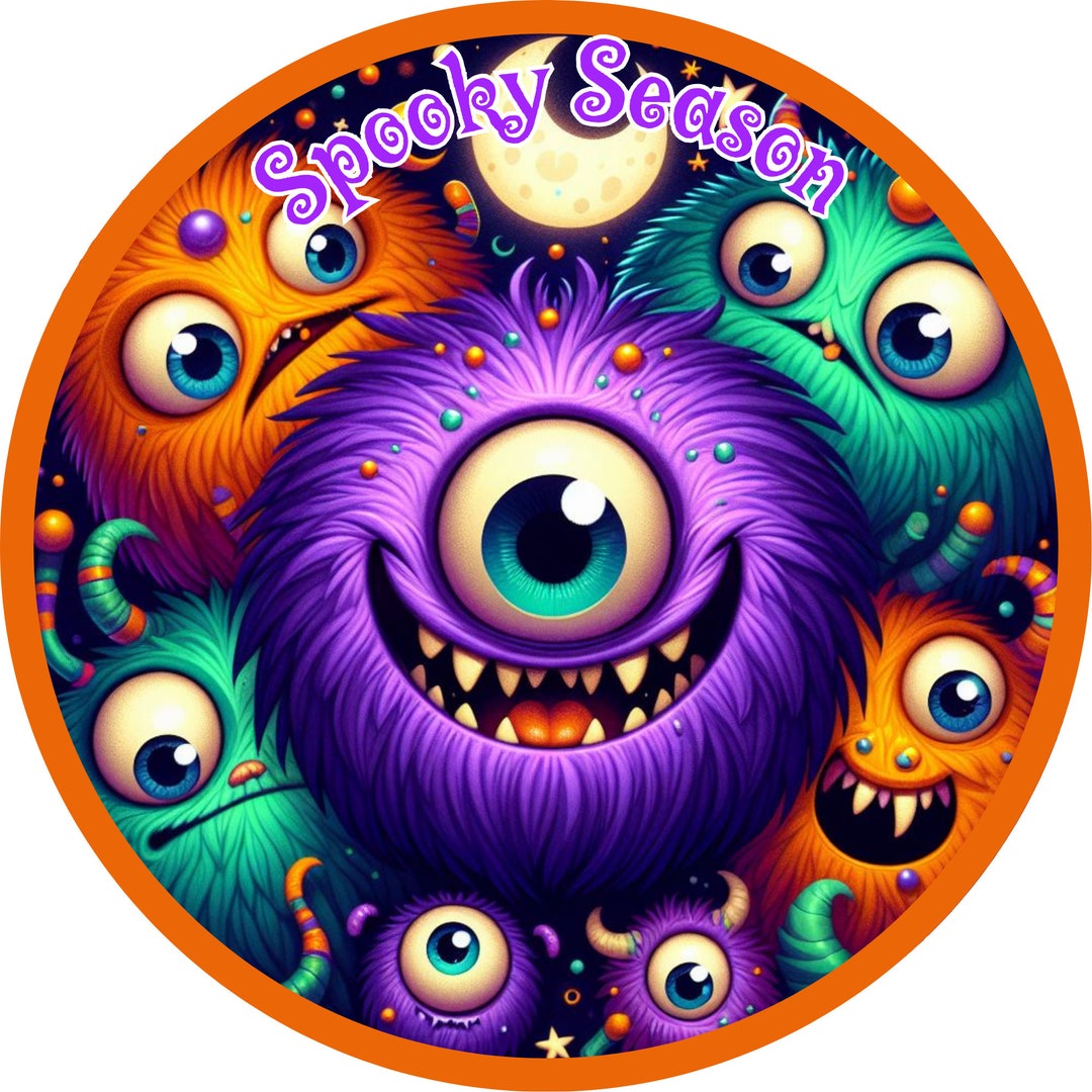 Halloween Wreath Signs, Cute Furry One Eyed Monsters Wreath Sign Purple ...