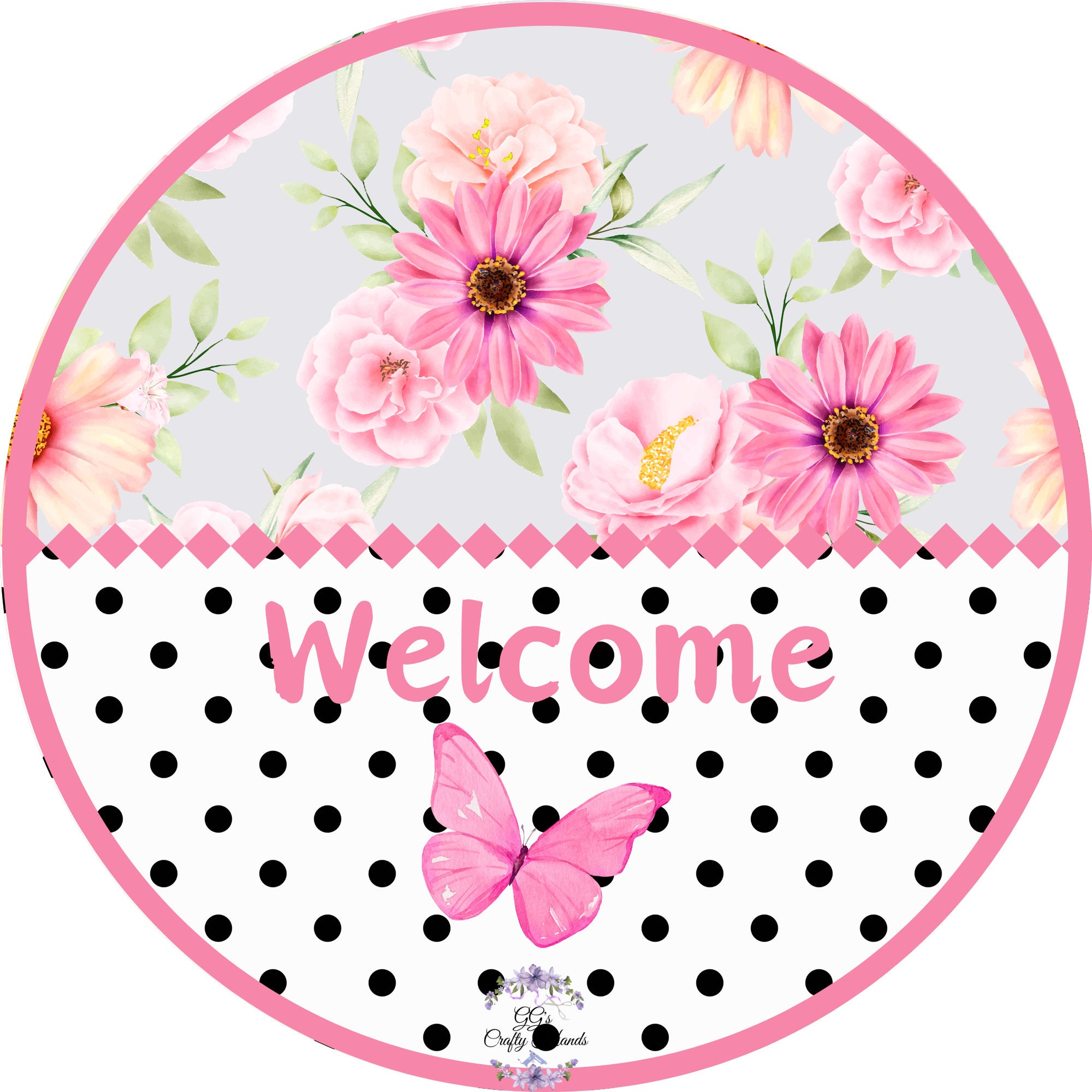 Butterfly Welcome Sign With Pink Flowers and Polka Dots, Round ...