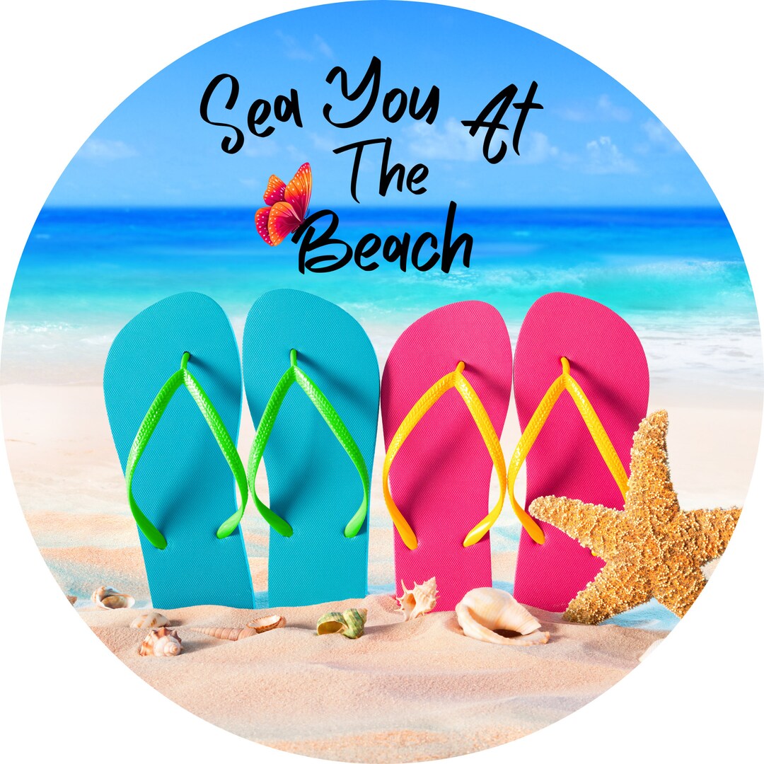Summer Beach Sign With Flip Flops, Sea Shells on Beach Coastal Wreath ...