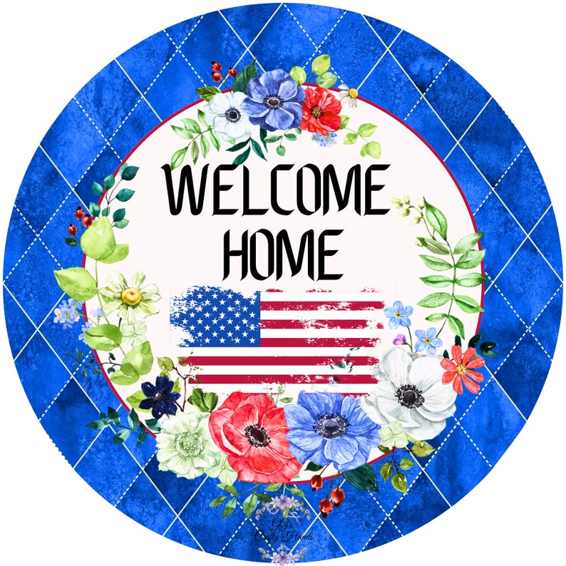American Flag Welcome Home Sign, Patriotic Wreath Sign, Stripes and ...