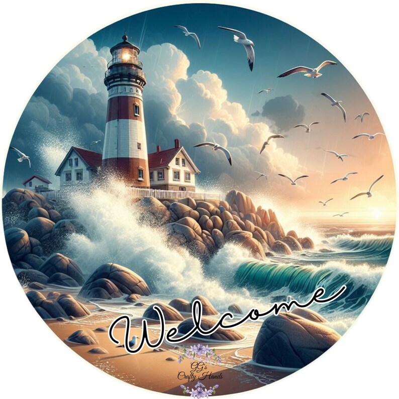 Nautical Beach Scene With Lighthouse, Coastal Welcome Sign, Door Decor ...