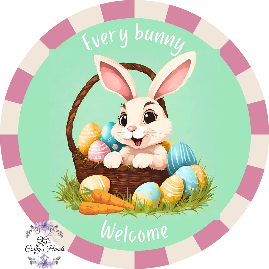 Spring Bunny in Basket of Eggs, Easter Bunny Sign, Easter Egg Basket ...