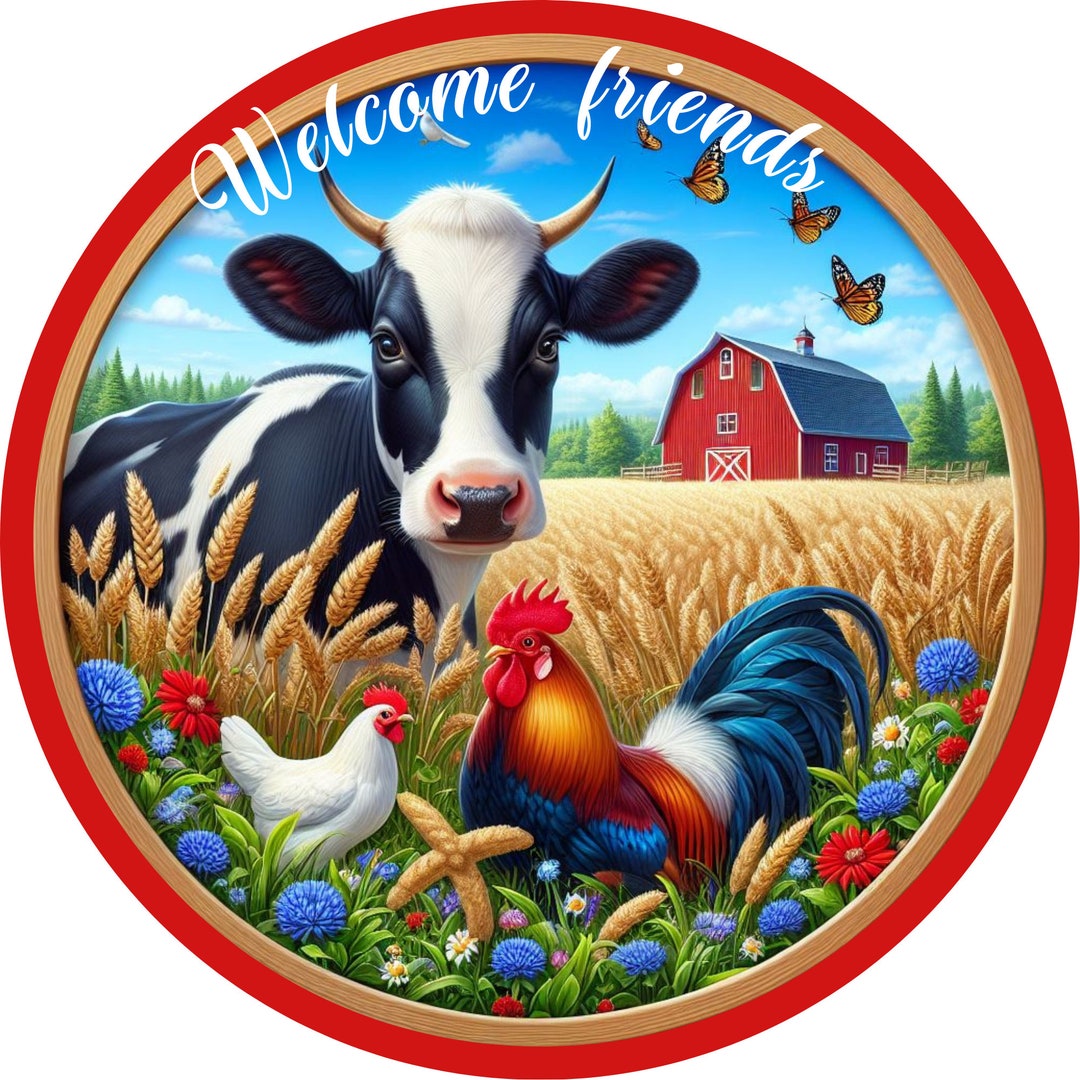 Cow and Roosters Barn Sign, Farm Animal Welcome Wreath Sign, Round Cow ...