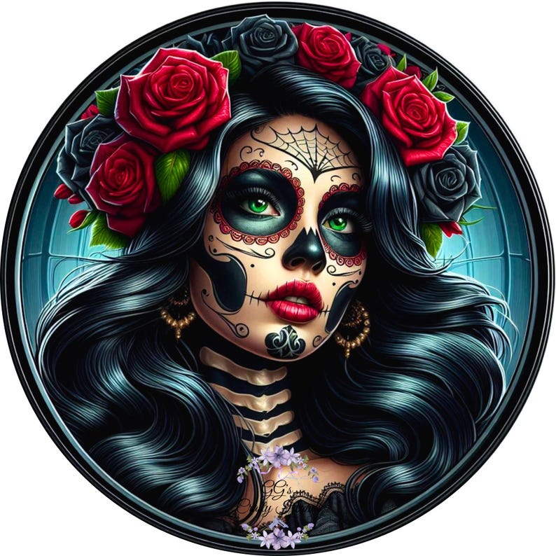Day of the Dead Sugar Skull Sign, Rose Headdress, Cultural Wall Decor ...