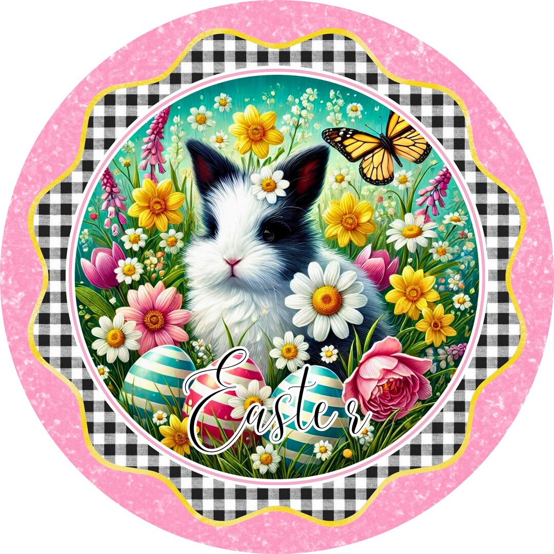 Bunny Wreath Sign With Spring Flowers and Easter Eggs, Holiday ...
