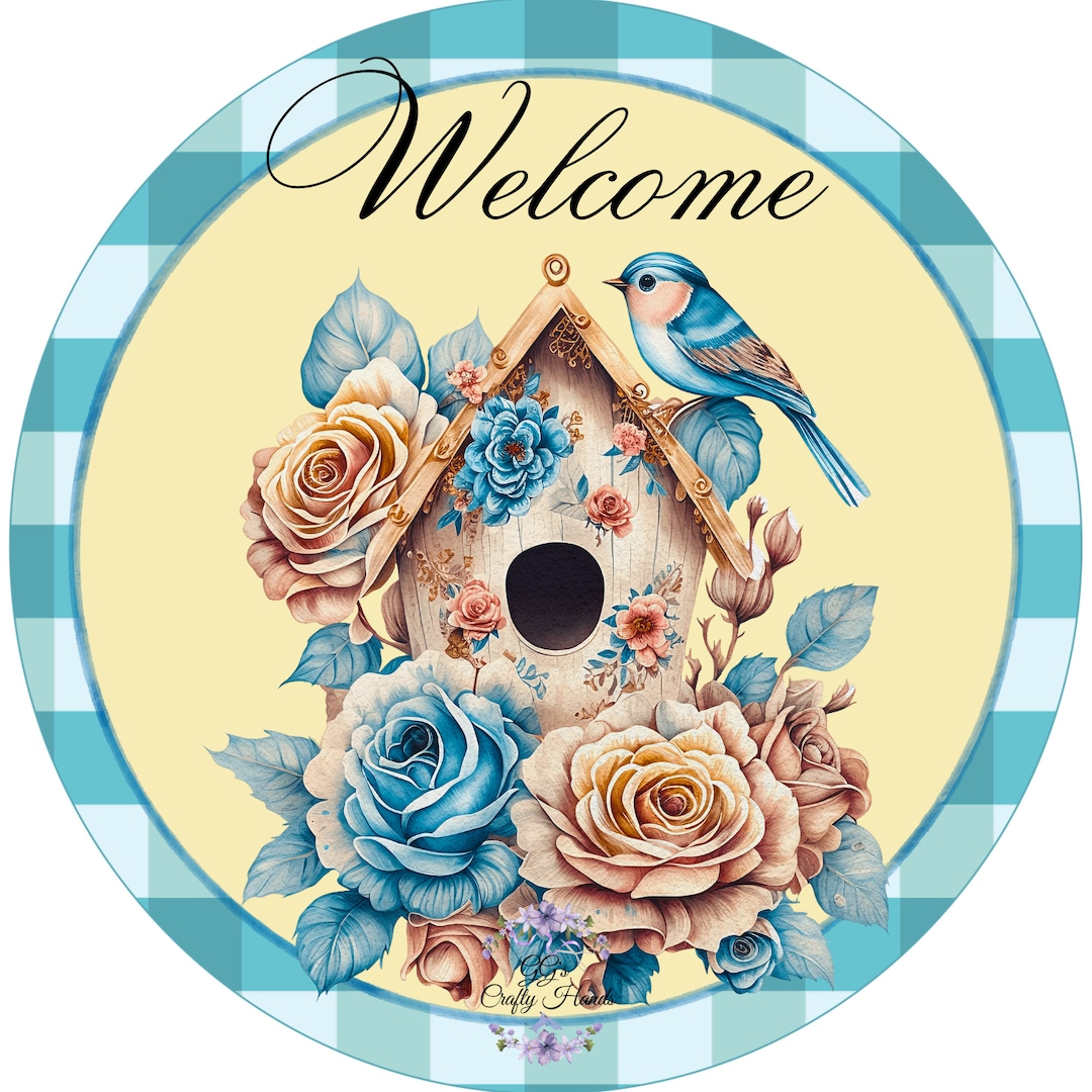 Blue Bird-birdhouse Sign, Welcome Spring Summer Birdhouse Checkered ...